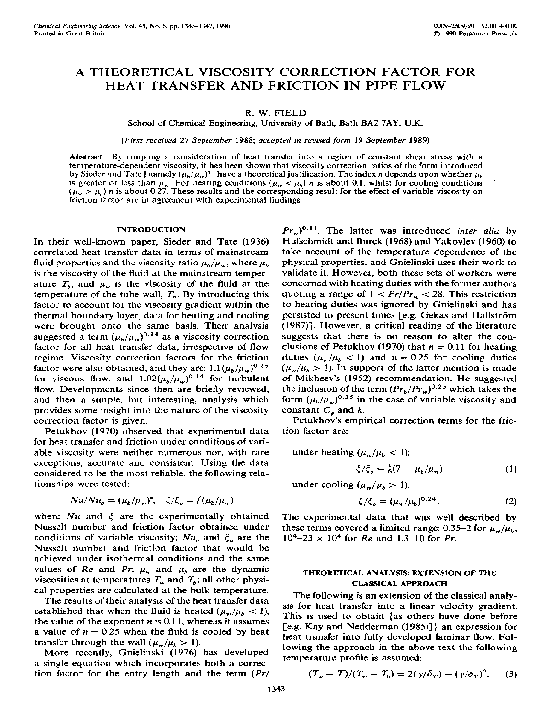 Pdf A Theoretical Viscosity Correction Factor For Heat Transfer And Friction In Pipe Flow