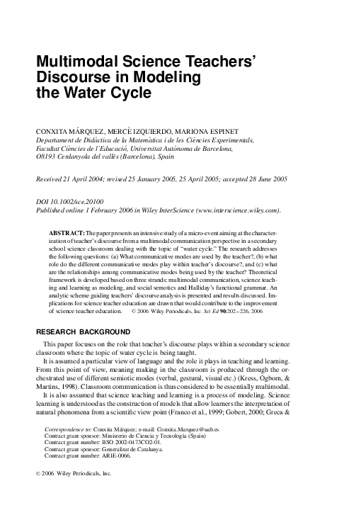 (PDF) Multimodal science teachers' discourse in modeling the water cycle