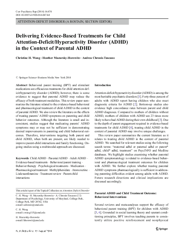 (PDF) Delivering evidence-based treatments for child attention-deficit/hyperactivity disorder ...