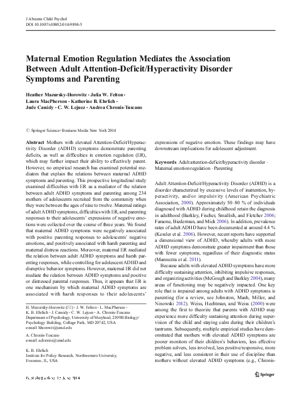(PDF) Maternal Emotion Regulation Mediates the Association Between ...