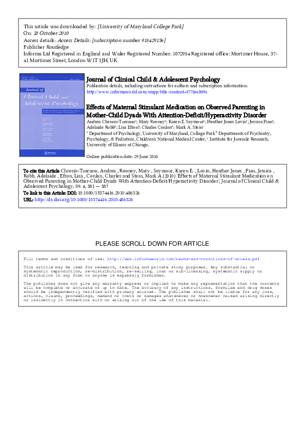 (PDF) Effects of Maternal Stimulant Medication on Observed Parenting in ...