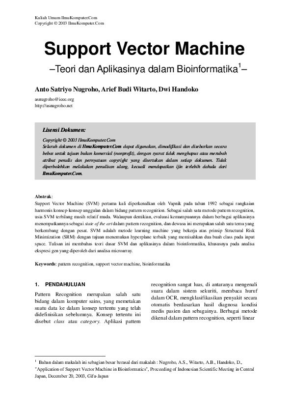 (PDF) Support Vector Machine –Teori dan Aplikasinya dalam Bioinformatika 1
