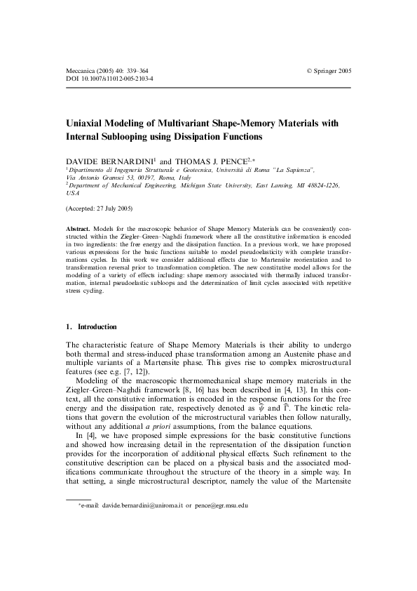 (PDF) Uniaxial Modeling of Multivariant Shape-Memory Materials with Internal Sublooping using ...