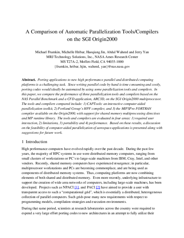 Pdf A Comparison Of Automatic Parallelization Toolscompilers On The Sgi Origin 2000 