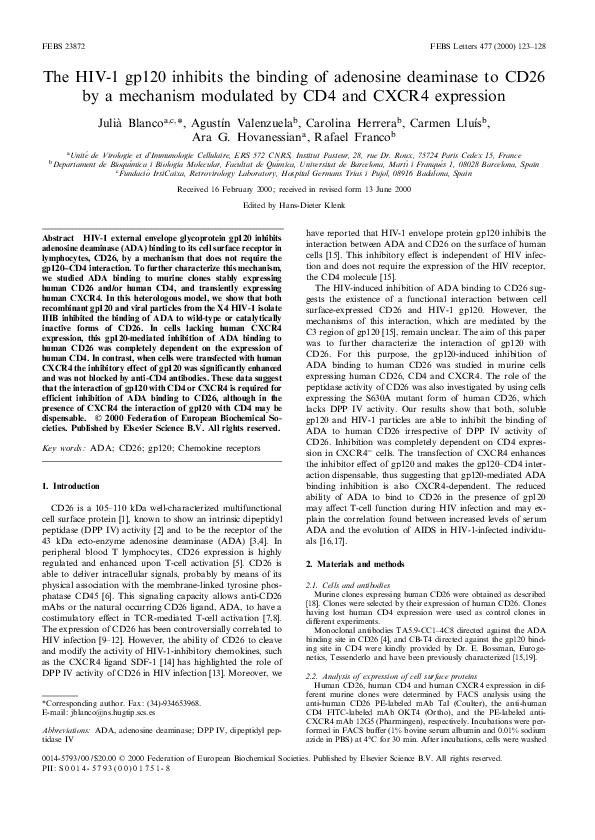 (PDF) The HIV-1 gp120 inhibits the binding of adenosine deaminase to ...