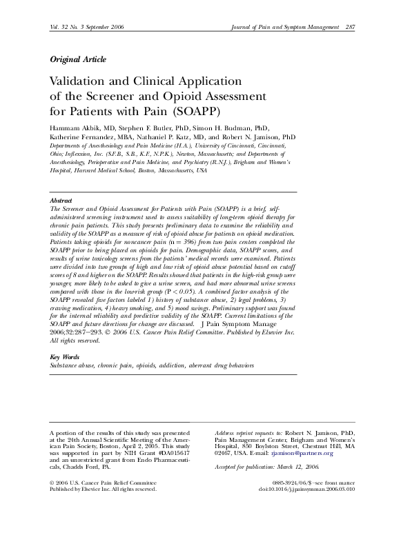 (PDF) Validation and Clinical Application of the Screener and Opioid ...
