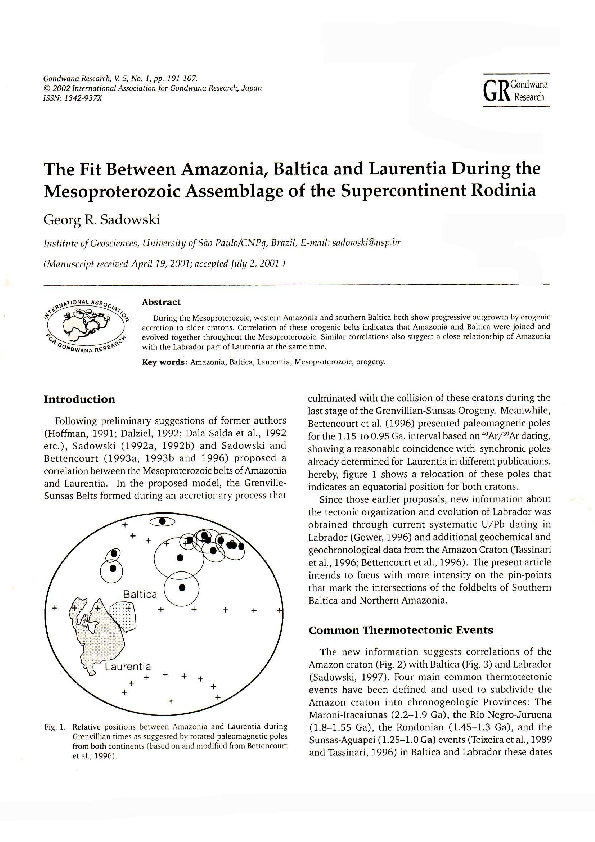 (PDF) The Fit Between Amazonia, Baltica and Laurentia During the ...