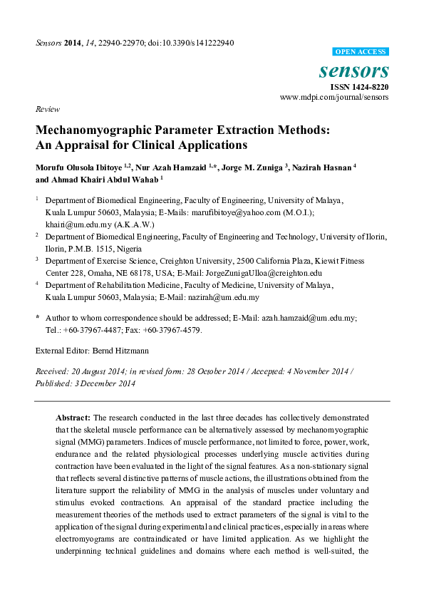 (PDF) Mechanomyographic Parameter Extraction Methods: An Appraisal for Clinical Applications