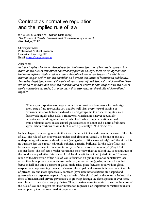 (DOC) Contract as normative regulation and the implied rule of law