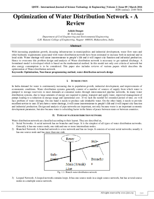 Pdf Optimization Of Water Distribution Network A Review