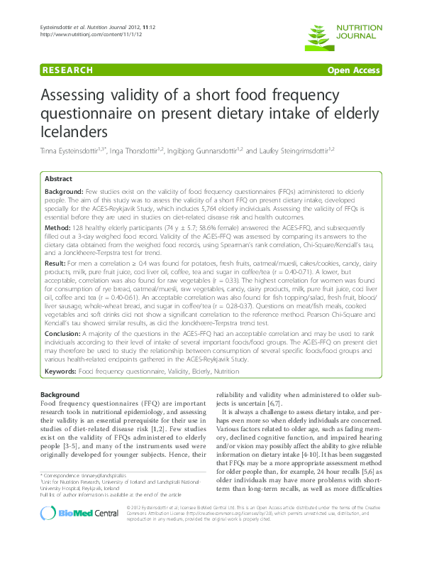 (PDF) Assessing validity of a short food frequency questionnaire on ...