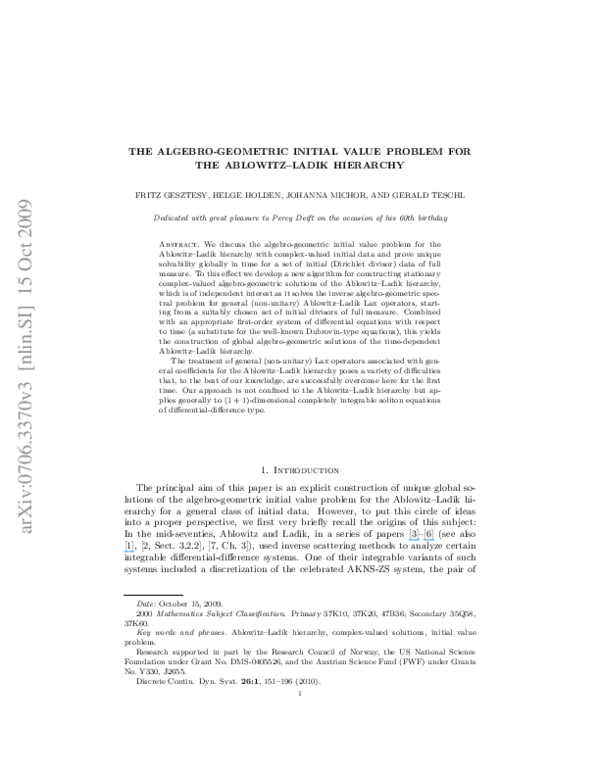 (PDF) The algebro-geometric initial value problem for the Ablowitz ...