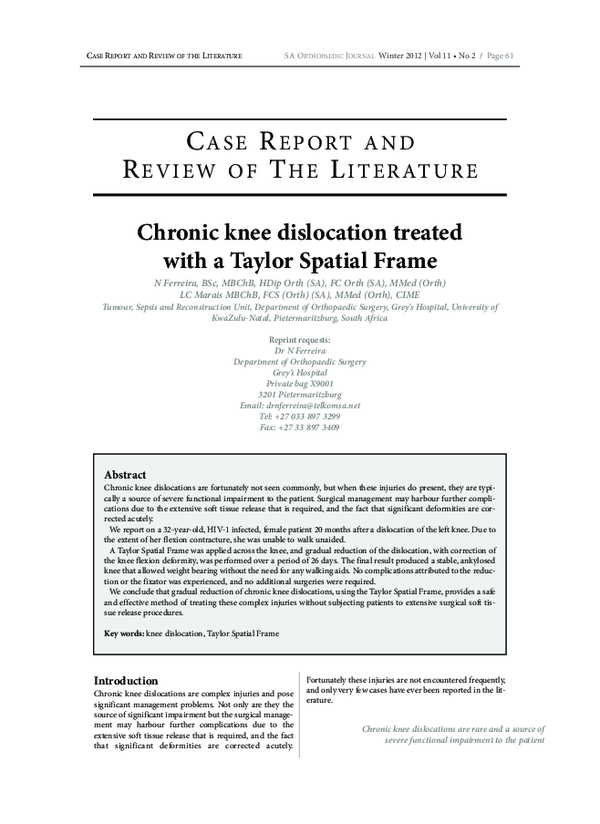 (PDF) Chronic knee dislocation treated with a Taylor Spatial Frame