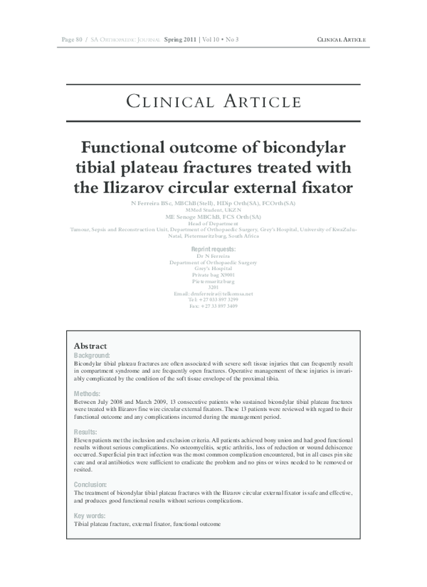 (PDF) Functional outcome of bicondylar tibial plateau fractures treated with the Ilizarov ...