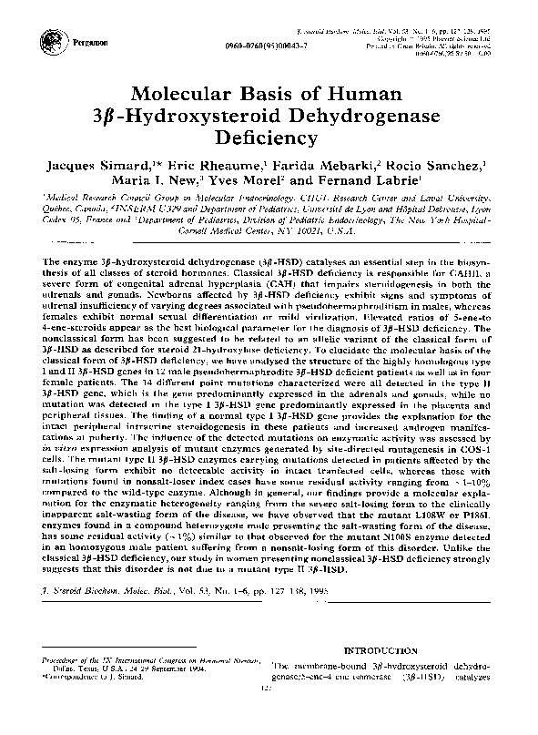 (PDF) Molecular basis of human 3β-hydroxysteroid dehydrogenase deficiency