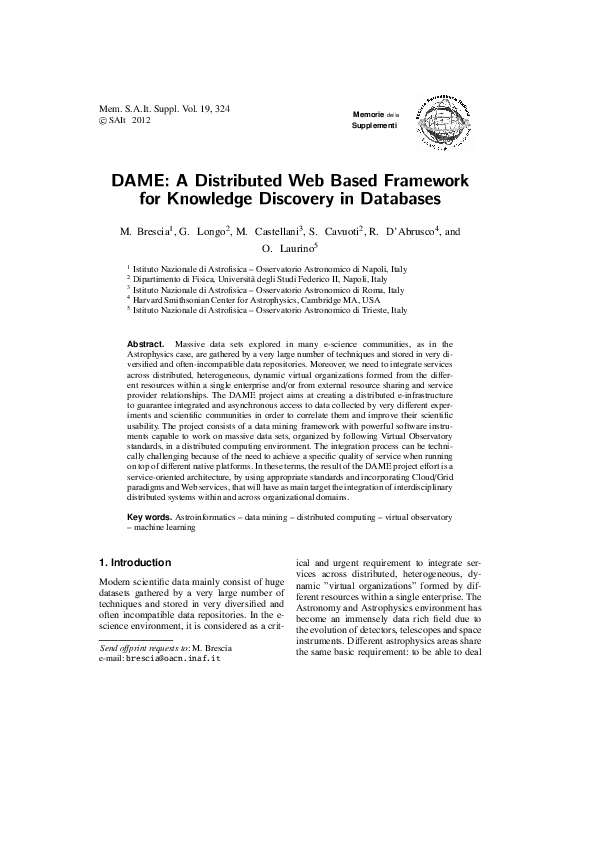 (PDF) DAME: A Distributed Web Based Framework for Knowledge Discovery in Databases