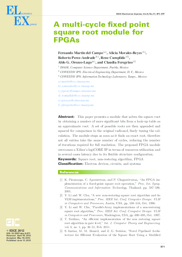 Pdf A Multi Cycle Fixed Point Square Root Module For Fpgas