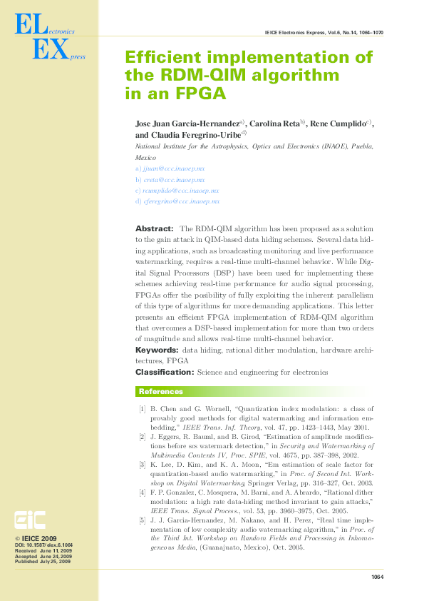 Pdf Efficient Implementation Of The Rdm Qim Algorithm In An Fpga