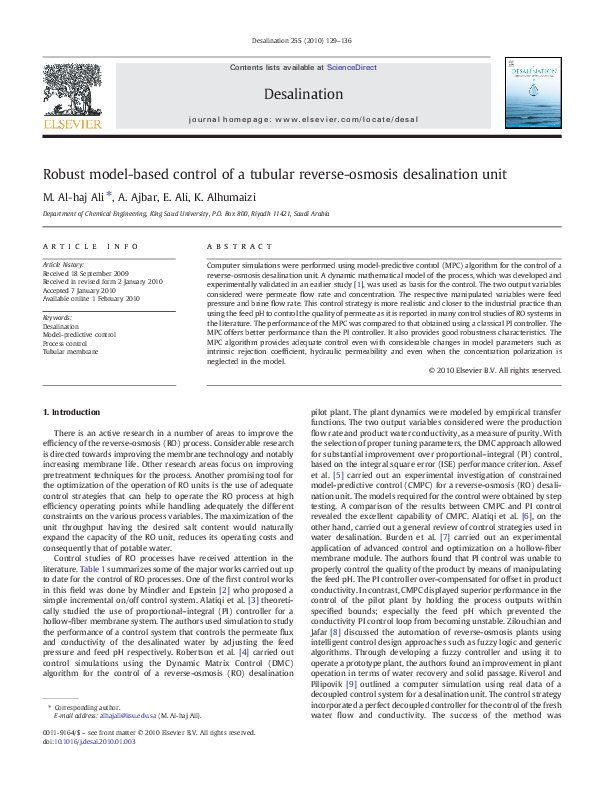 (PDF) Robust model-based control of a tubular reverse-osmosis desalination unit