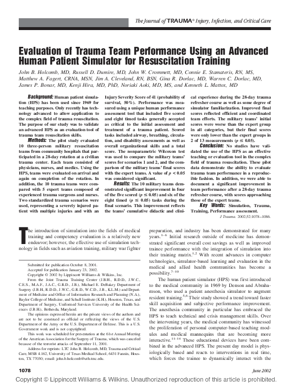 (PDF) Advanced Simulation for Trauma Team Evaluation