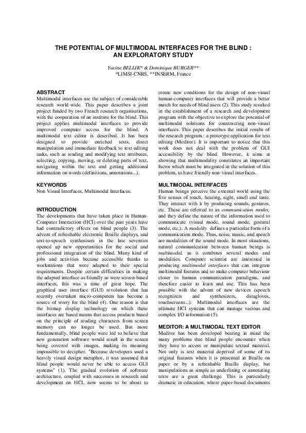 (PDF) The potential of multimodal interfaces for the blind: An exploratory study