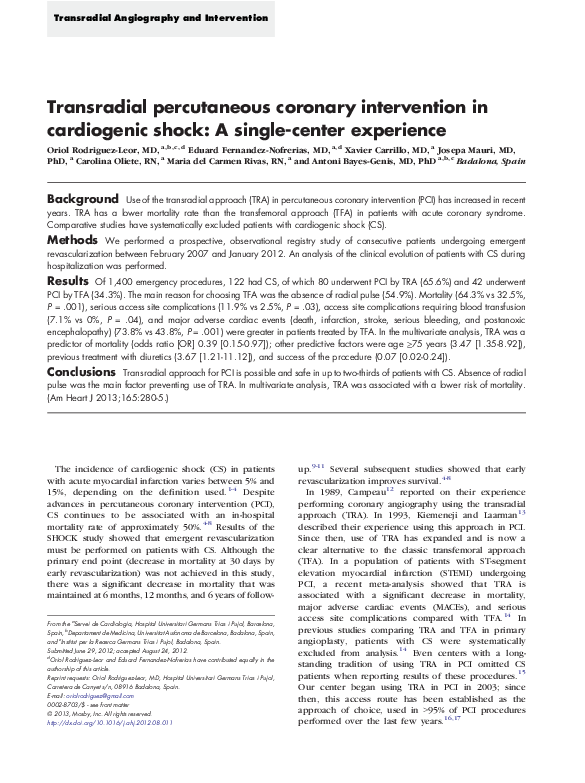 (PDF) Transradial percutaneous coronary intervention in cardiogenic ...