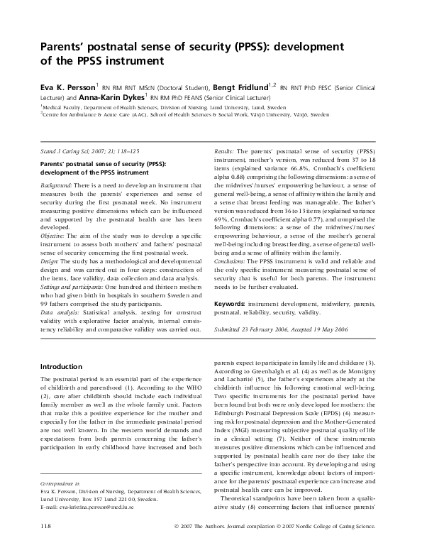 (PDF) Parents' postnatal sense of security (PPSS): development of the ...