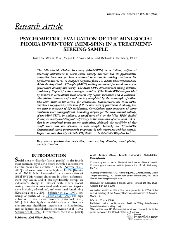 (PDF) Psychometric evaluation of the mini-social phobia inventory (Mini ...