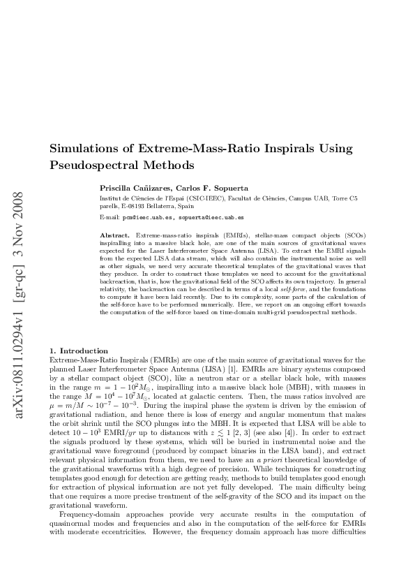 (PDF) Simulations of extreme-mass-ratio inspirals using pseudospectral methods