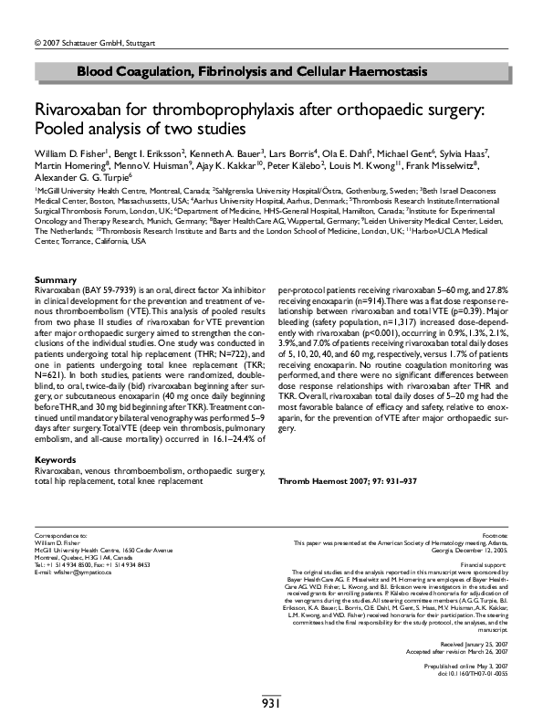 (PDF) Rivaroxaban for thromboprophylaxis after orthopaedic surgery ...