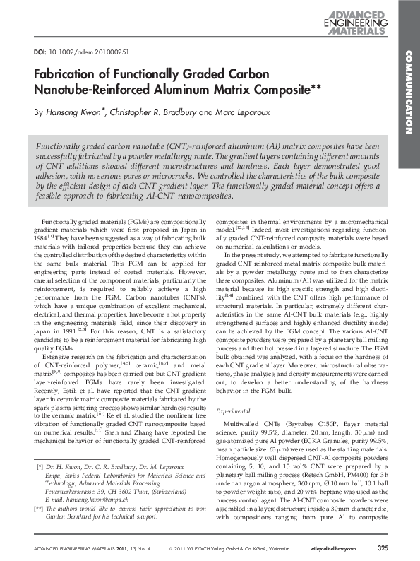 Pdf Fabrication Of Functionally Graded Carbon Nanotube Reinforced Aluminum Matrix Composite