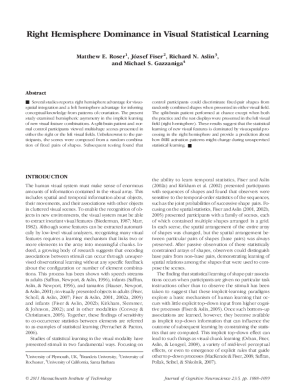 (PDF) Right Hemisphere Dominance in Visual Statistical Learning
