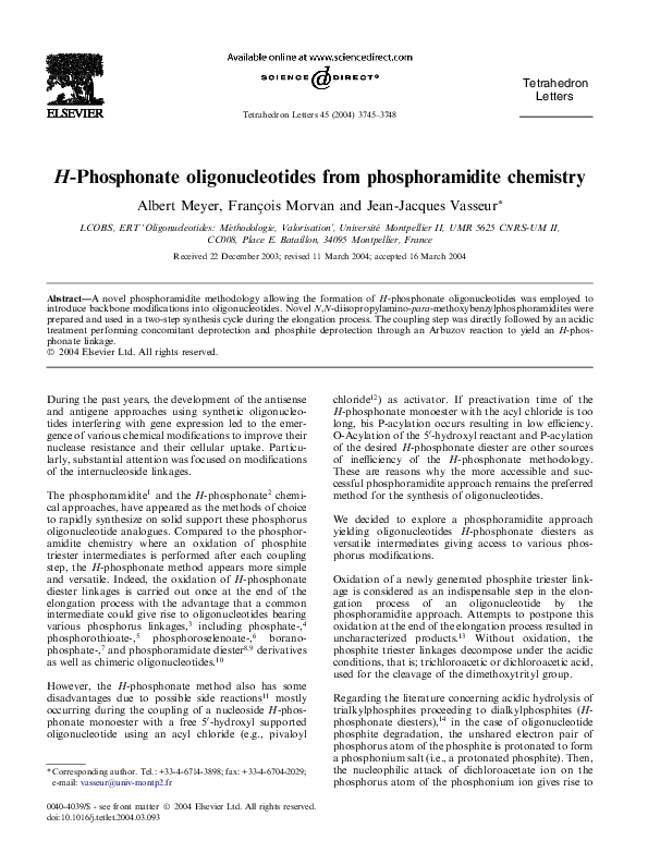 (PDF) H-Phosphonate oligonucleotides from phosphoramidite chemistry