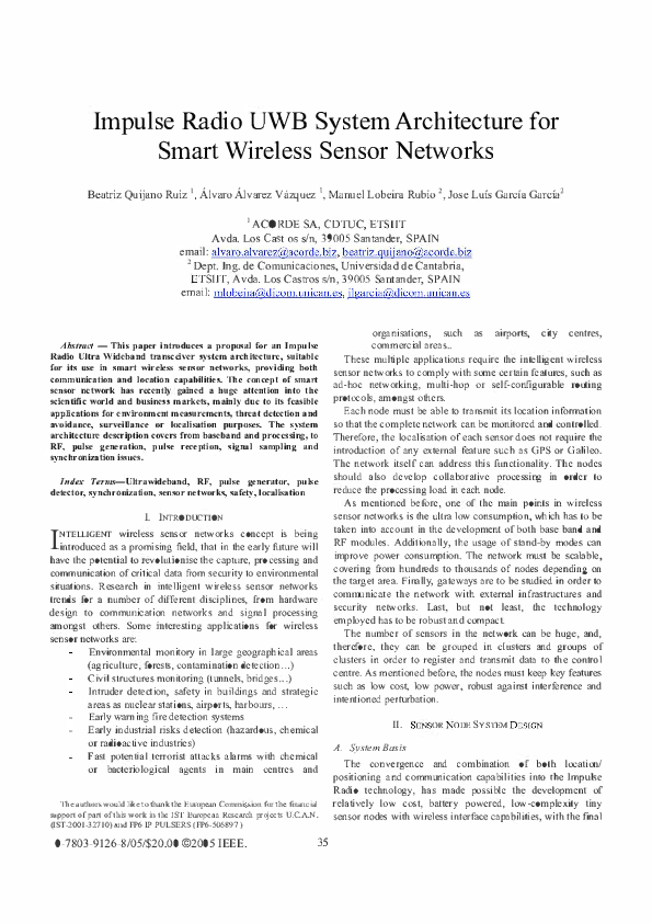 (PDF) Impulse radio UWB system architecture for smart wireless sensor networks