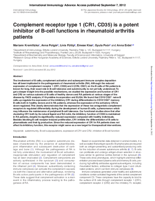 Pdf Complement Receptor Type 1 Cr1 Cd35 Is A Potent Inhibitor Of B Cell Functions In
