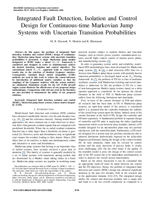 Pdf Integrated Fault Detection Isolation And Control Design For