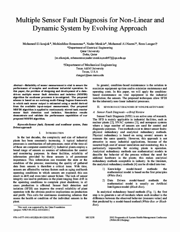 Pdf Multiple Sensor Fault Diagnosis For Non Linear And Dynamic System