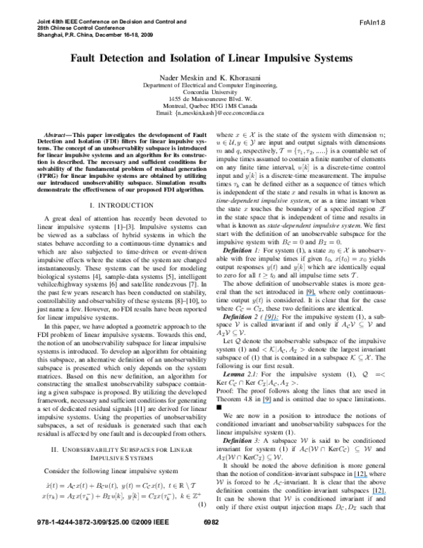 Pdf Fault Detection And Isolation Of Linear Impulsive Systems