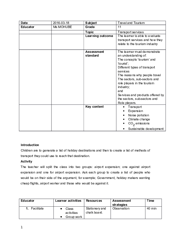 (DOC) Tourism Transport Lesson Plan | phemelo mohube - Academia.edu
