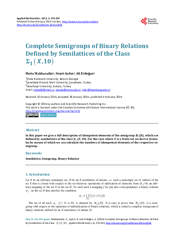 (PDF) Complete Semigroups of Binary Relations Defined by Semilattices of the Class