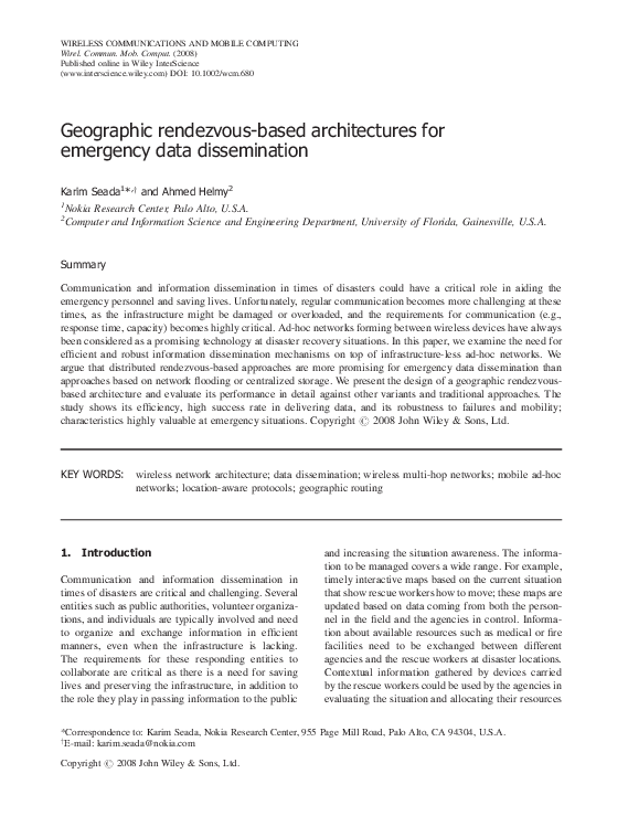 (PDF) Geographic rendezvous-based architectures for emergency data dissemination