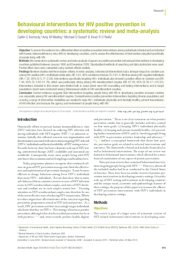 Pdf Behavioural Interventions For Hiv Positive Prevention In