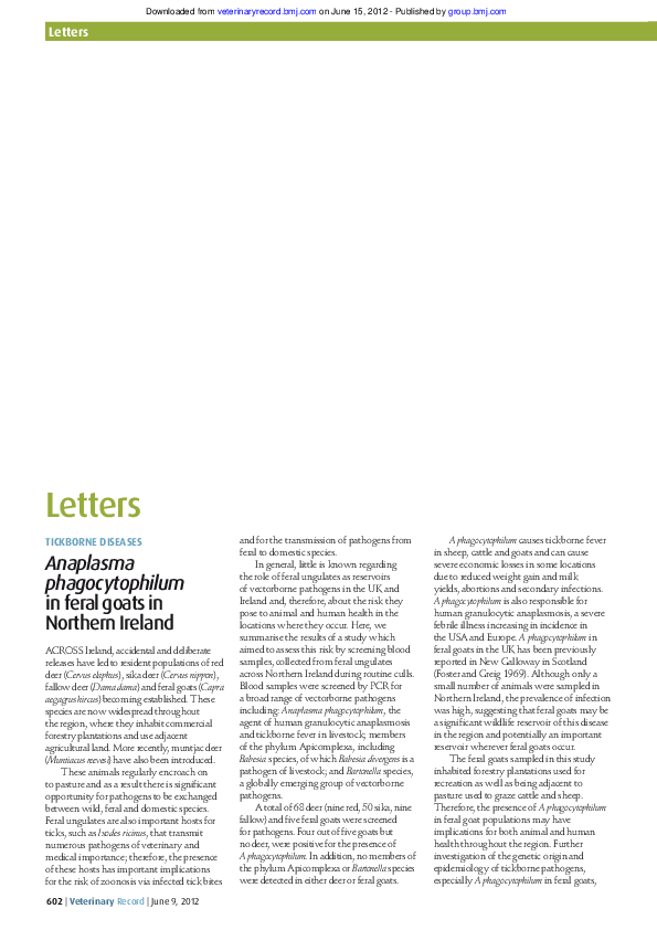 (PDF) Anaplasma phagocytophilum in feral goats in Northern Ireland ...