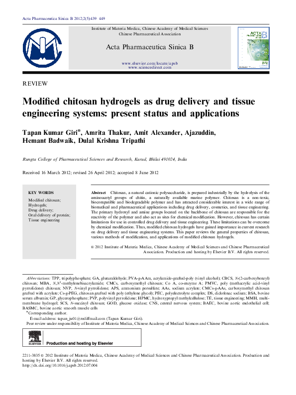 (PDF) Modified chitosan hydrogels as drug delivery and tissue engineering systems: present ...