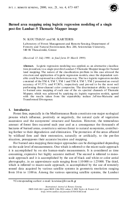 Pdf Burned Area Mapping Using Logistic Regression Modeling Of A Single Post Fire Landsat 5