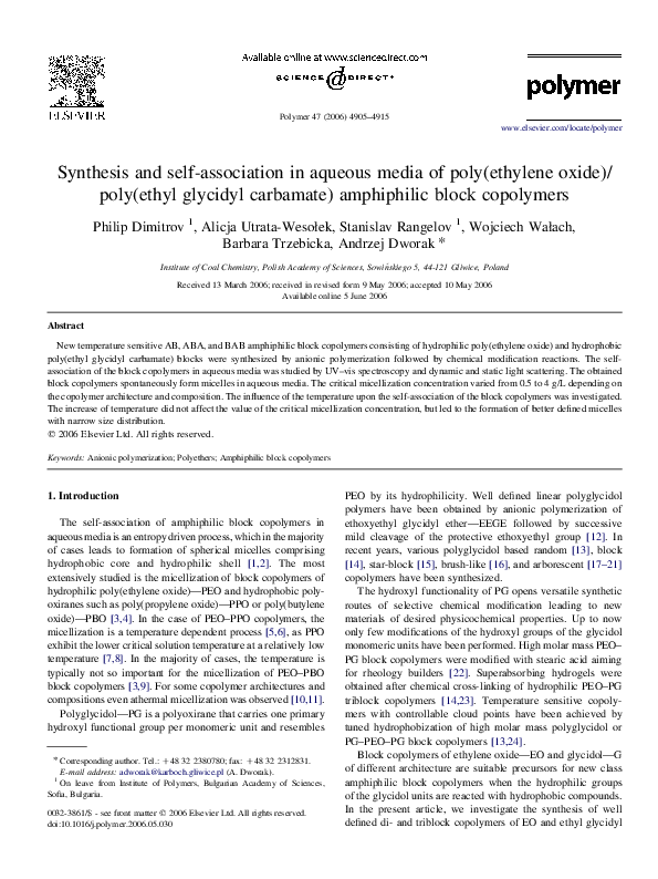 (PDF) Self-assembly of poly(ethylene glycol-b-phenyl oxazoline) diblock copolymers in aqueous ...
