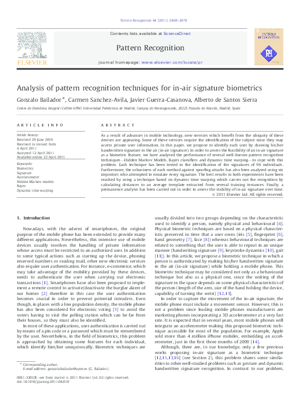 (PDF) Analysis of pattern recognition techniques for in-air signature biometrics
