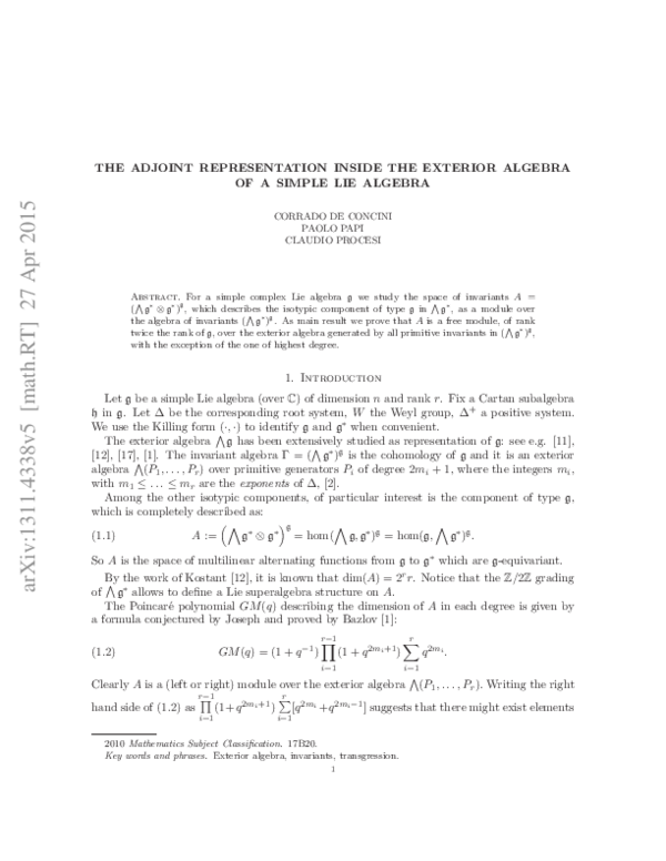 (PDF) The adjoint representation inside the exterior algebra of a ...