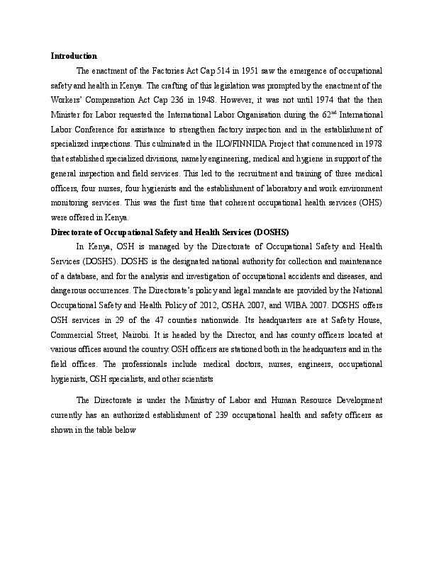 Directorate of Occupational Safety and Health Services DOSHS