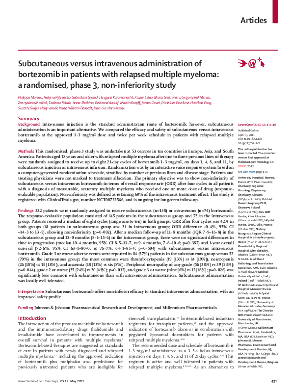 (PDF) Subcutaneous versus intravenous administration of bortezomib in patients with relapsed ...